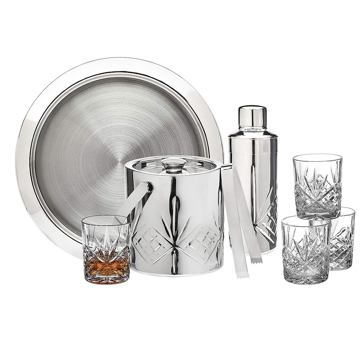 Godinger Bar Set - Cocktail Shaker, Stainless Ice Bucket, 4 Old Fashioned Glasses, Tongs and Tray - Dublin Collection