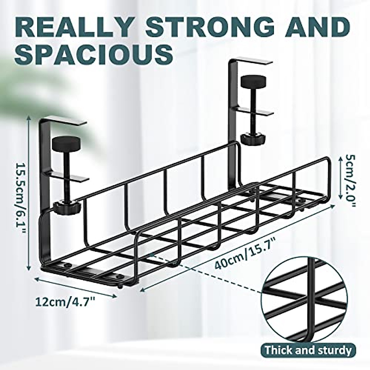 Under Desk Cable Management Tray, 15.7'' No Drill Steel Desk Cable Organizers, Wire Management Tray Cable Management Rack, Desk Cable Tray with Wire Organizer and Desk Cord Organizer