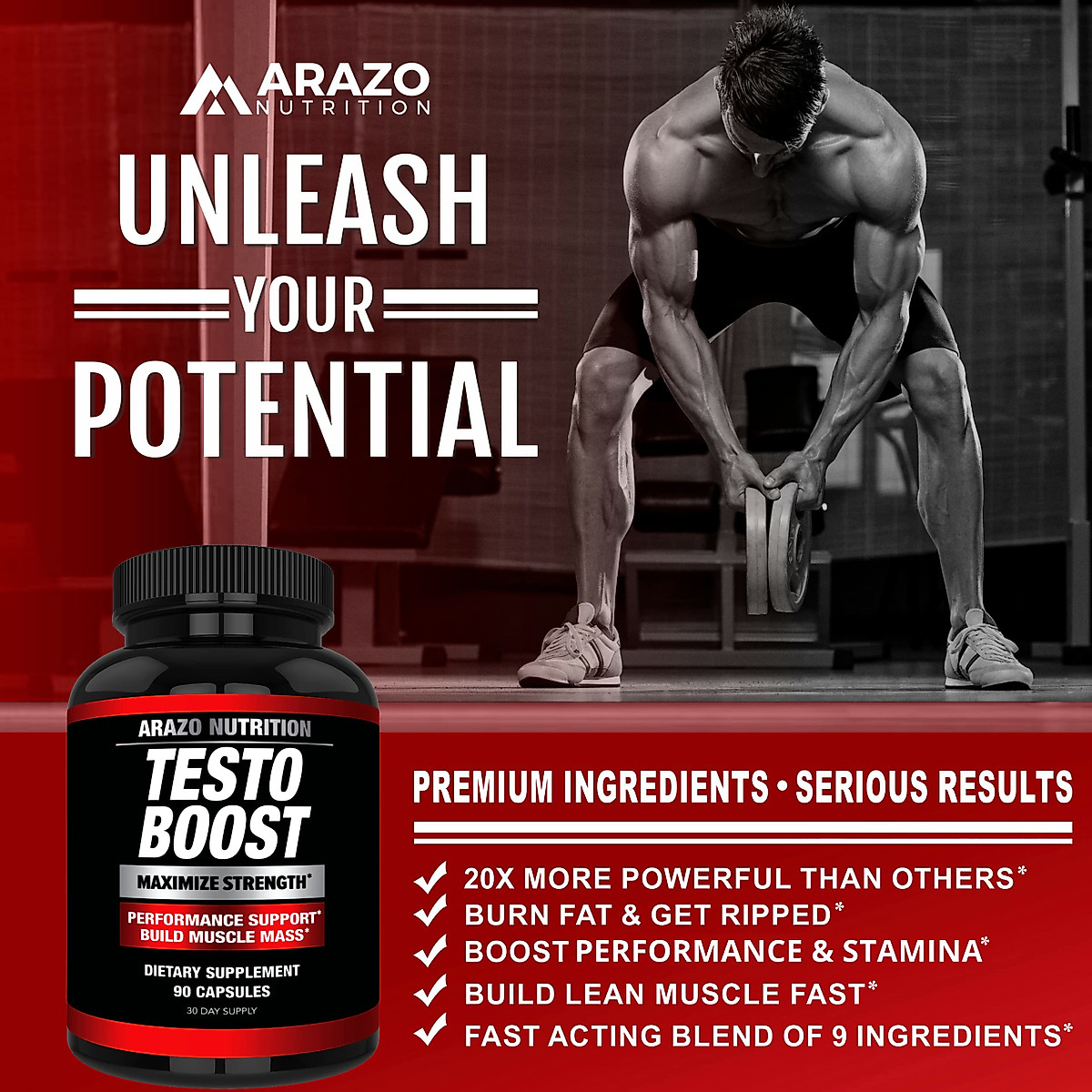 Arazo Nutrition TestoBoost Test Booster Supplement - Potent & Natural Herbal Pills - Boost Muscle Growth - Tribulus, Epimedium, Hawthorn, Zinc, Minerals