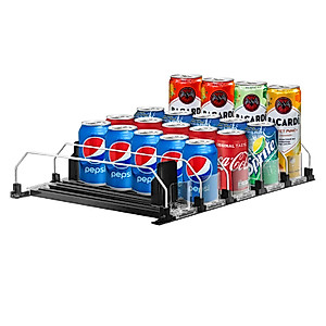 Drink Organizer for Fridge,5 Row Self-Pushing Soda Can Organizer Width Ajustable Beverage Pusher Glide,Spring Loaded Beer Pop Can Water Bottle Beverage Storage for Refrigerator Kitchen Pantry-Black