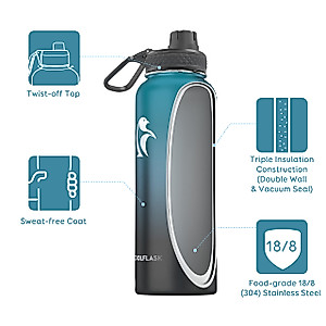 Water Bottle 40 oz Insulated with Straw, Coolflask Stainless Steel Metal 3 Lids Water Flask for Sports or Office, Keep Cold 48H Hot 24H, Samurai Cyan