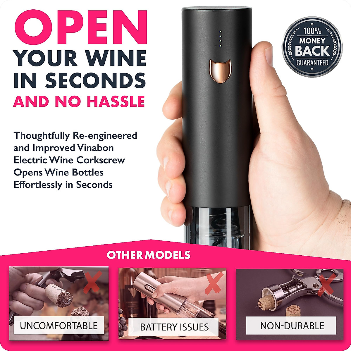 VINABON Electric Wine Opener - Premium 2025 Rechargeable Wine Bottle Opener Corkscrew with Foil Cutter, One-Touch Automatic Operation & LED Lights. Includes Wine Guide eBook