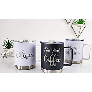 Personalized Insulated Coffee Mug with Lid - 12 oz -Customize with Name or Text - Custom Travel Cup