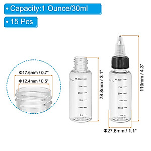 PATIKIL 1oz(30ml) Plastic Dispensing Bottle, 15Pcs Squeeze Graduated Empty Bottles with Black Twist Cap for Liquids, Inks, Oils, Sauces, Arts and Crafts, Transparent