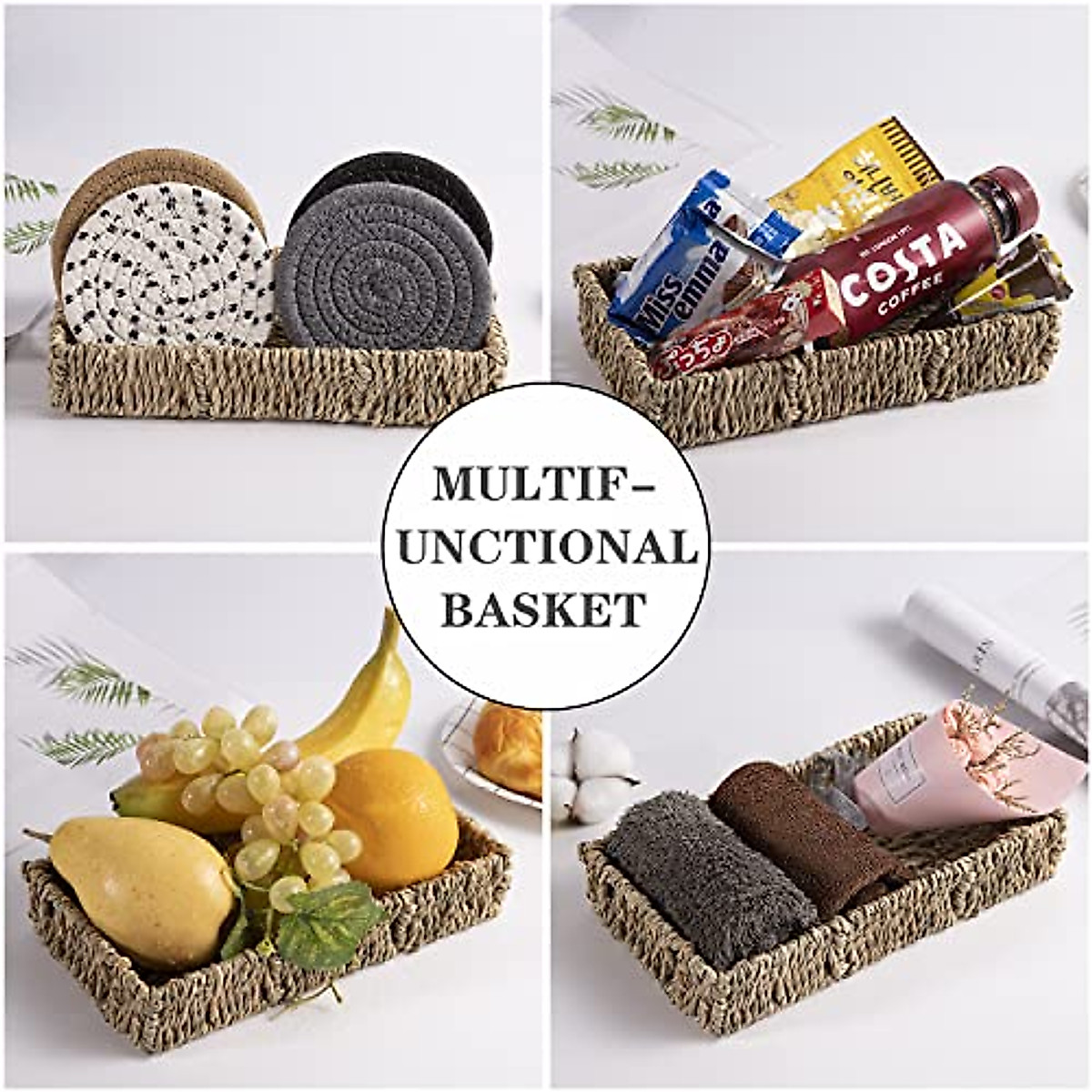 Coasters for Drink Absorbent, Handmade Woven Coasters Set of 8 with Seagrass Basket Holder, Heat-Resistant Coaster for Table Protection, Boho Fabric Coasters Suitable for Kinds of Cups