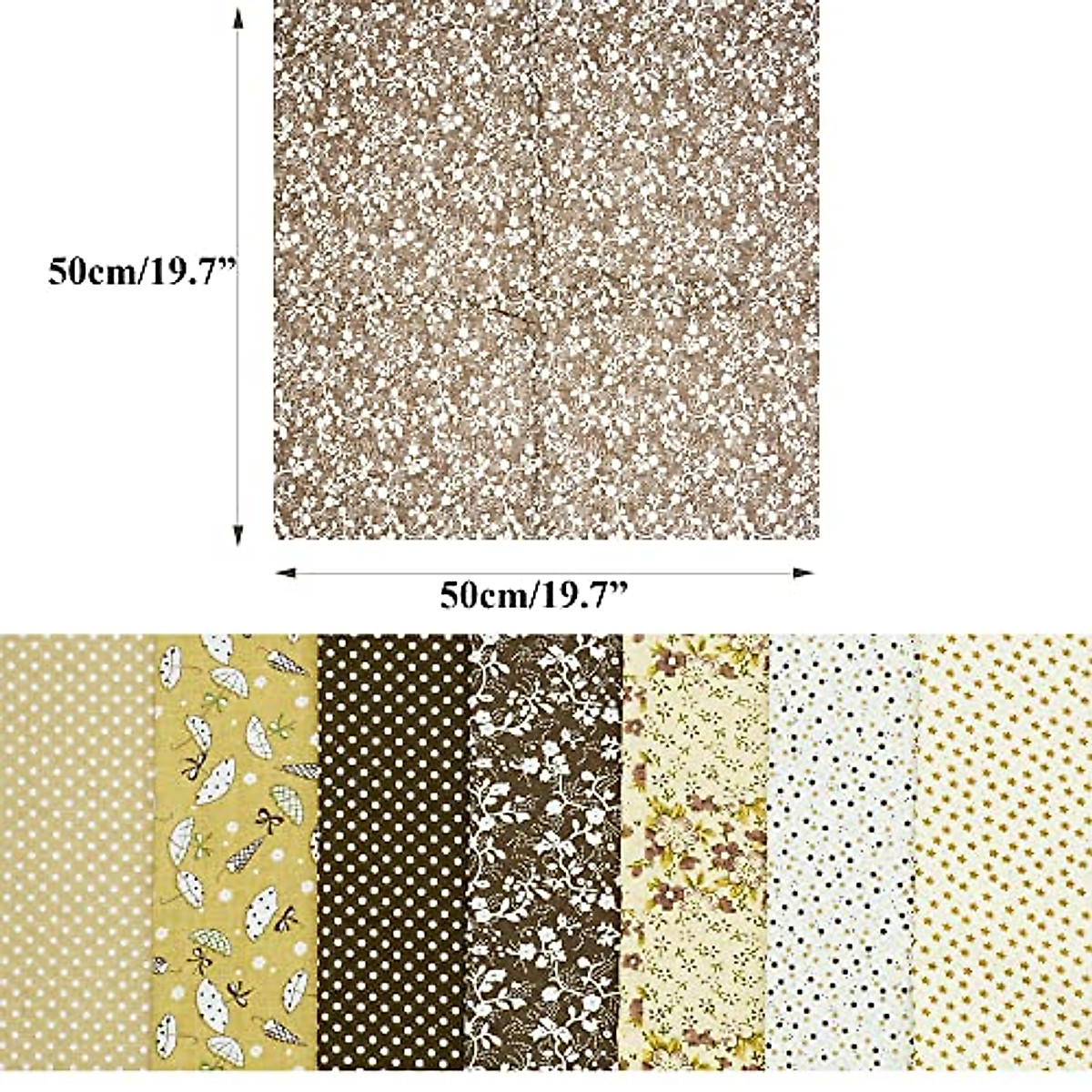 Pofik 7 pcs/lot Quilting Fabric Bundles,100% Cotton Fat Quarters Printed Craft Fabric, 20 x 20 inches (50cm x 50cm) Precut Squares Sheets for Patchwork DIY Craft Sewing (Brown)