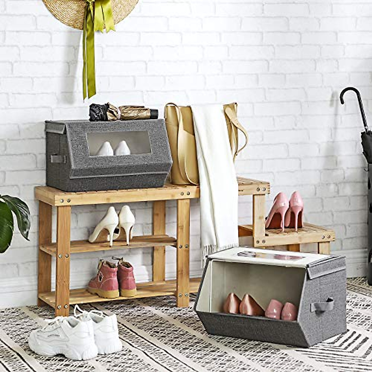 SONGMICS Stackable Storage Bins Set of 2, Fabric Storage Boxes with Lids, Storage Cubes with Magnetic Closures, Front Windows, Lids Can Stay Open after Stacking, Dark Gray URPLB02G