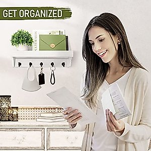 Rebee Vision Key and Mail Holder for Wall with Floating Shelf : Decorative Hanging Organizer with 5 Sturdy Keys Hooks and Wall Mount Key Rack - Farmhouse Entryway Décor (Modern White)