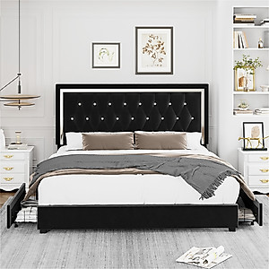 HITHOS King Size Bed Frame with 4 Storage Drawers and Adjustable Headboard, Modern Upholstered Platform Bed with Wood Slat Support, Diamond Button Tufted Design, No Box Spring Needed (Black, King)