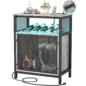 Unikito Wine Bar Cabinet with RGB Light and Outlet, FreeStanding Wine Rack Table, Liquor Cabinet with Glass Holder, Floor Bar Cabinet for Liquor and Glasses for Home Kitchen Dining Room, White Oak