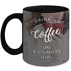 Vitazi Kitchenware Gilmore Girls Gift (15 oz) Drinking Coffee Like a Gilmore Girl Mugs With Quotes and Sayings, Ceramic Coffee Mug - With Image (Black)