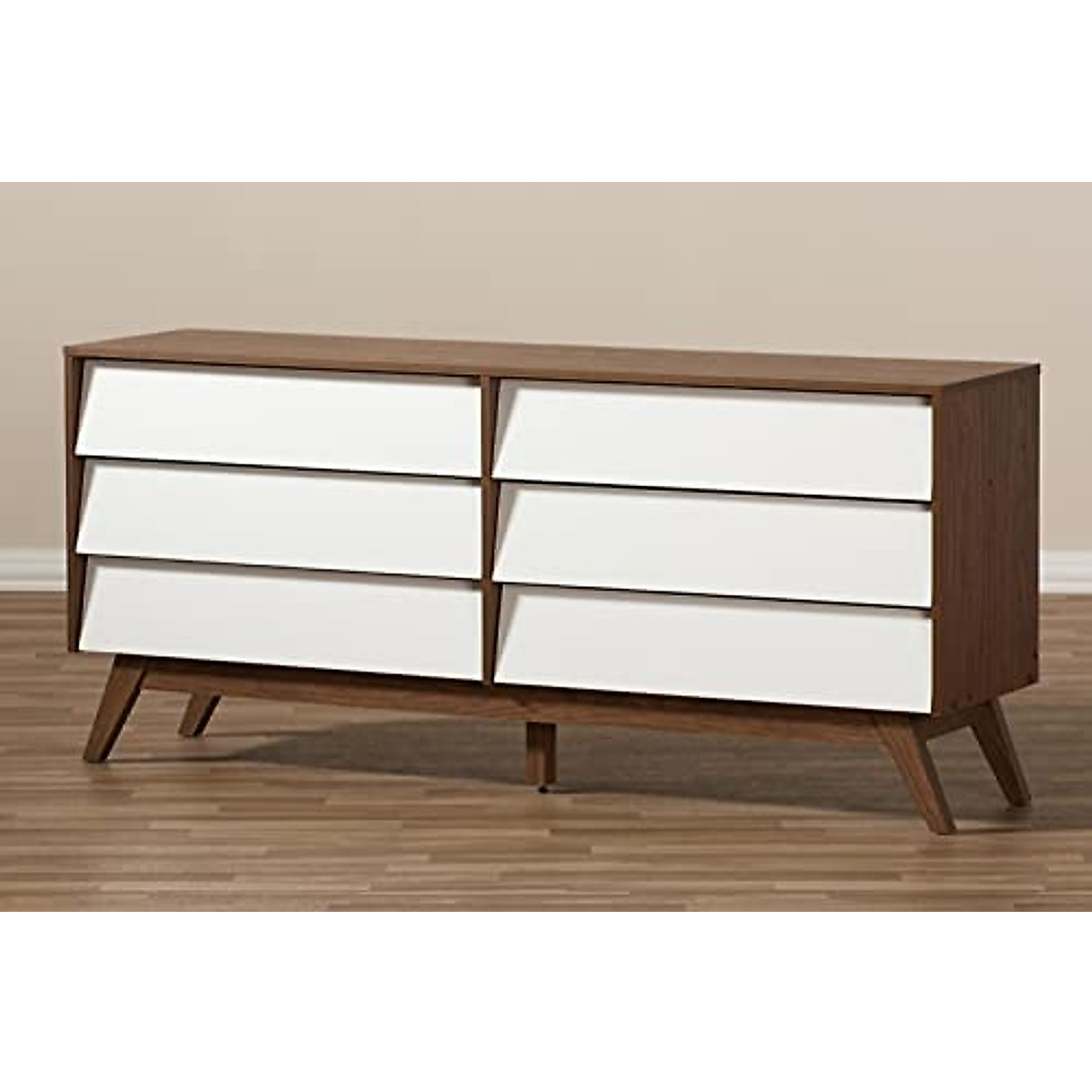 Baxton Studio Hildon Modern 6-Drawer Storage Dresser Mid-Century/Particle Board/MDF with PU Paper/White/Walnut Brown