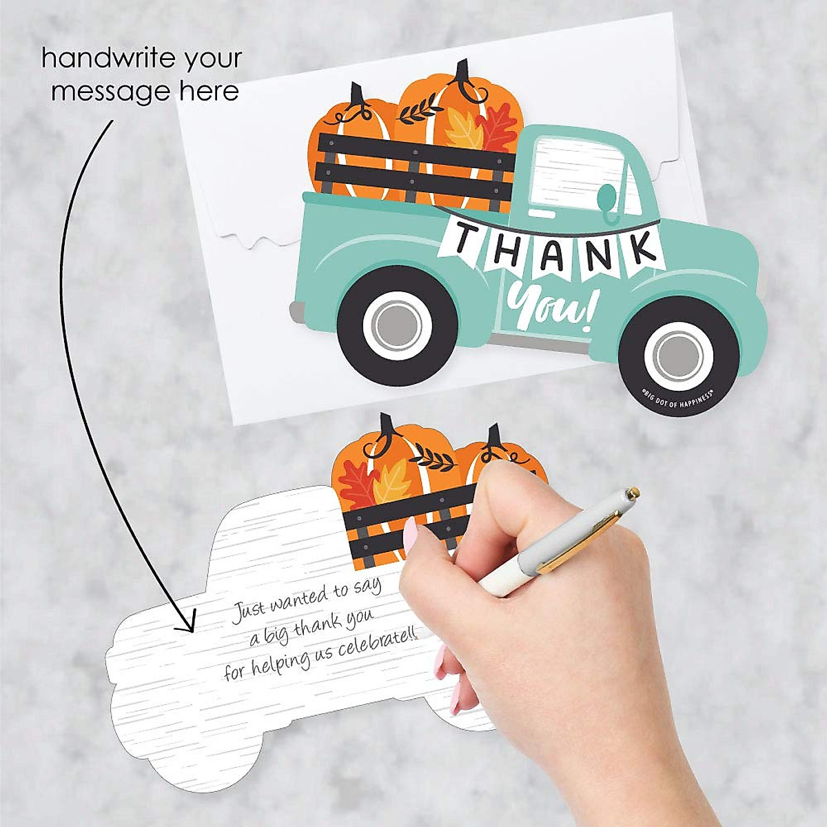 Big Dot of Happiness Happy Fall Truck - Shaped Thank You Cards - Harvest Pumpkin Party Thank You Note Cards with Envelopes - Set of 12