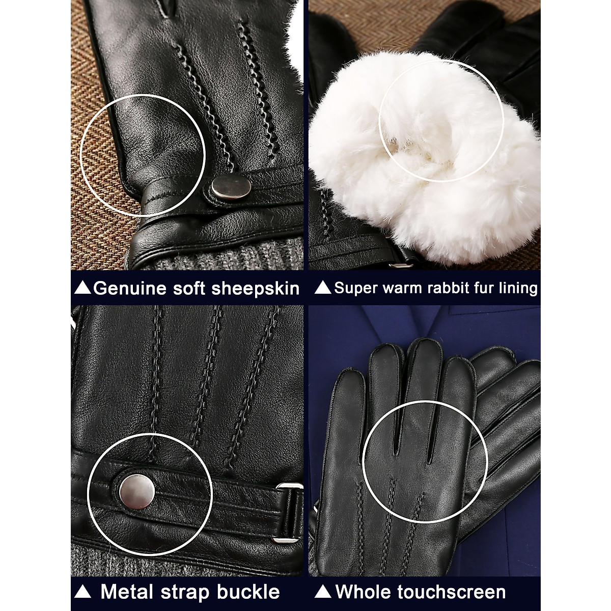 VIKIDEER Super Warm Fur Gloves Mens Leather Gloves Real Rabbit Fur Lined Touchscreen Driving Gloves Black Large