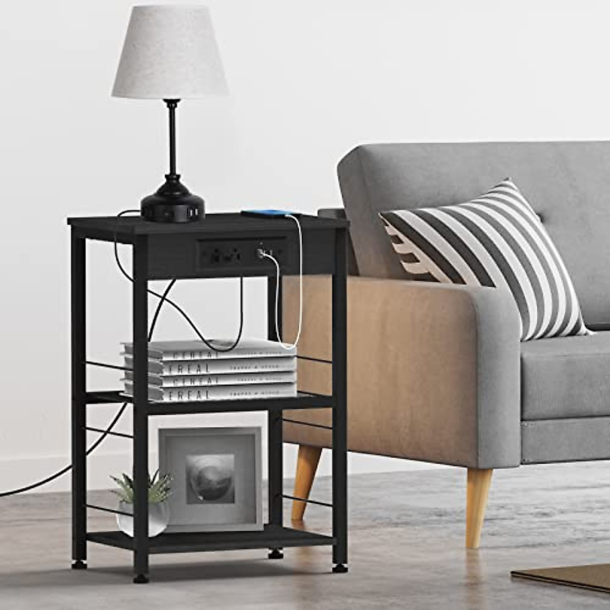 NORCEESAN Nightstand with Charging Station End Table with USB Ports and Power Outlets Side Tables Bedroom with Storage Shelves Industrial End Table 3 Tier (Black)