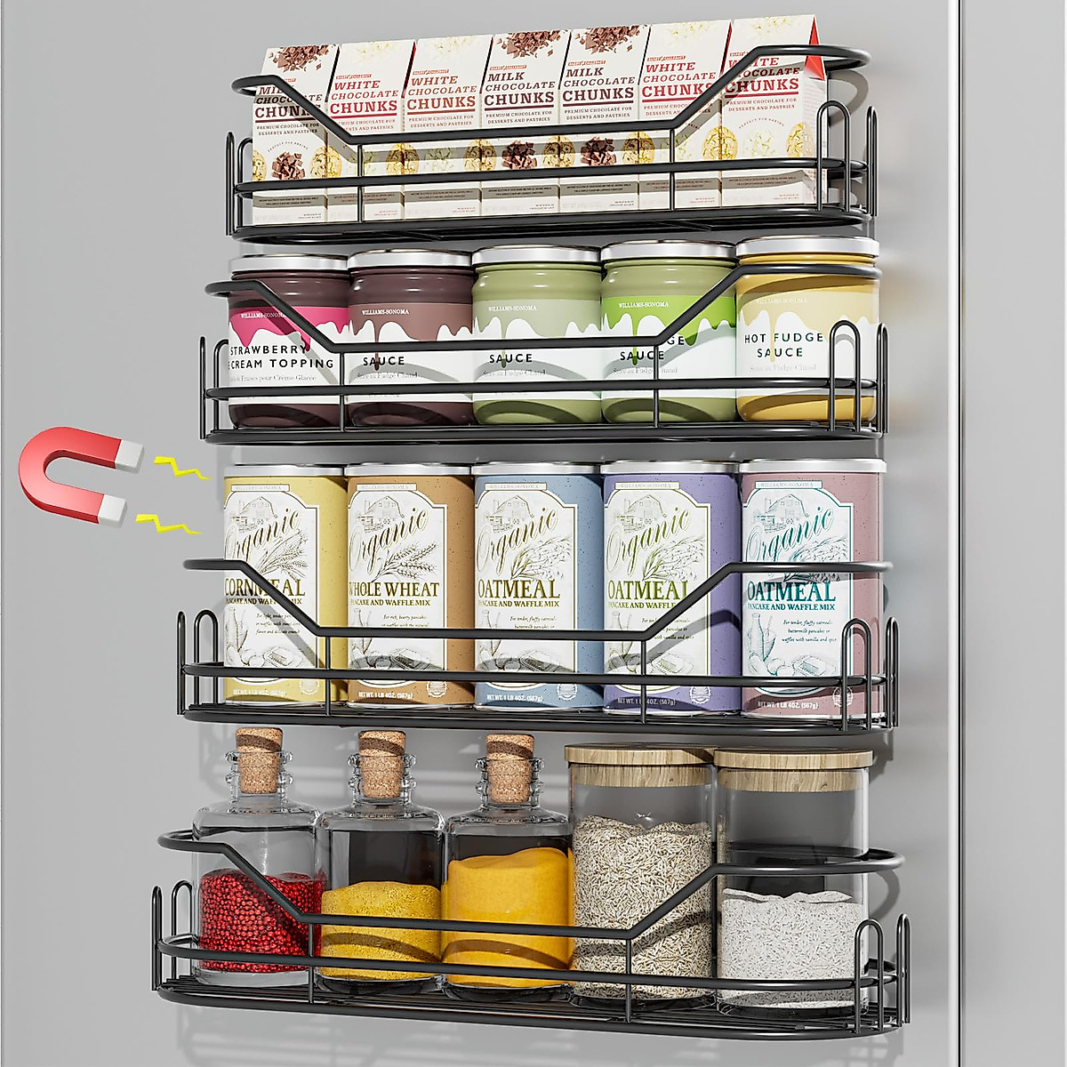 Magnetic Spice Rack for Refrigerator - 4 Pack Large Capacity Magnetic Shelves, Strong Magnetic Shelf, Space Saving Fridge Magnet Organizer, Spice Rack for Kitchen Organization and Storage, Metal Black