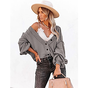 GAMISS Lantern Sleeve Cardigan Sweater for Women Oversized Cardigan Tops Button Down Trendy Tops Grey, XL