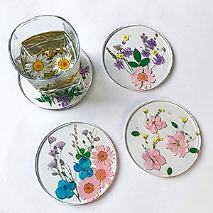 Drink Coasters Flower Cup Mat-Epoxy Resin Coasters with Colorful Natural Floral Reusable Round Kitchen Utensils for Dining Cups (Set of 4) (4, BD0001)