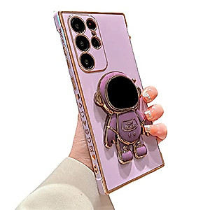 phylla Phone Case for Samsung Galaxy S22 Ultra 6.8" Luxury Plating Astronaut Stand Holder Phone Case with Cute Love Heart Side Small Pattern Soft Silicone Shockproof Kickstand Cover Bumper (Purple)