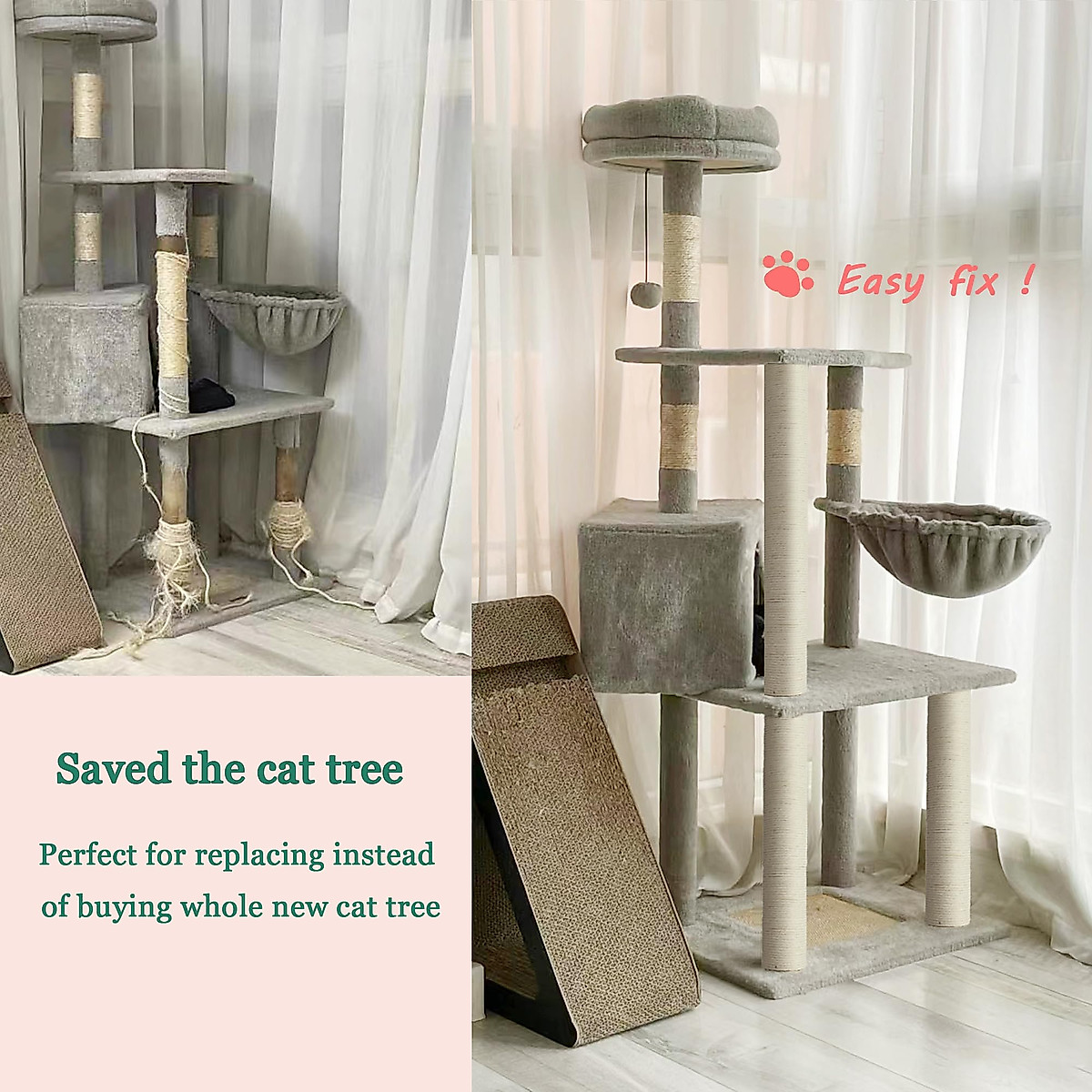 Cat Scratching Post Replacement Pole，2 PCS 11.81in Cat Tree Replacement Post，Natural Sisal Cat Tree Replacement Parts with M8 Screws，Cat Scratch Post Replacement for Refurbishment (11.8in/30cm)