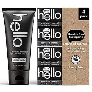 hello Activated Charcoal Epic Teeth Whitening Fluoride Free Toothpaste, Fresh Mint and Coconut Oil, Vegan, SLS Free, Gluten Free and Peroxide Free, 4 Ounce (Pack of 4)