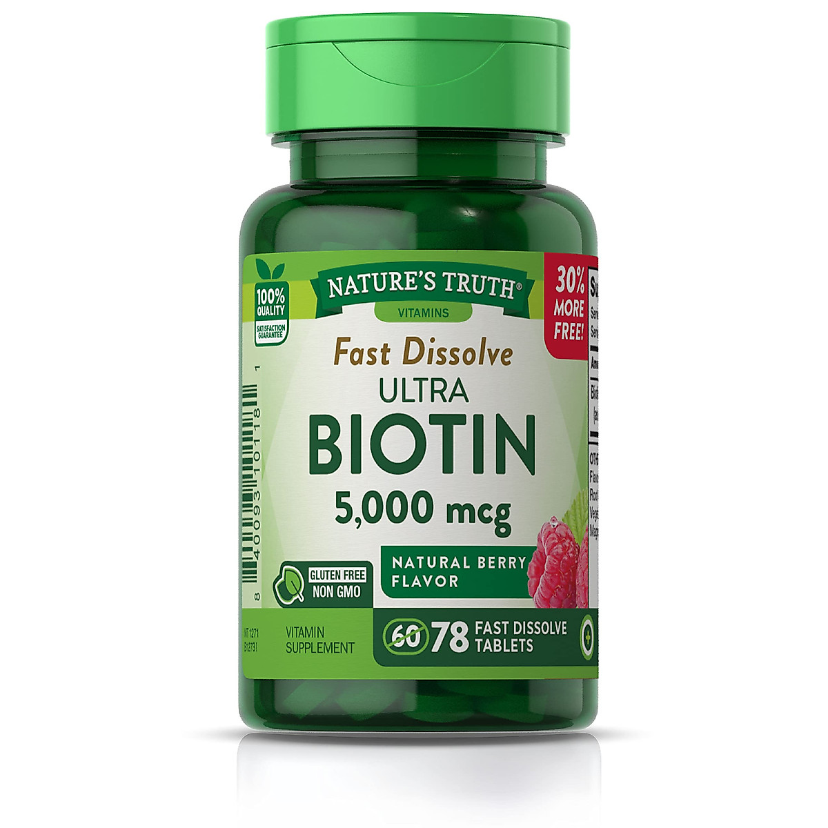 Nature's Truth Ultra Biotin 5000mcg | 78 Fast Dissolve Tablets | Hair Skin and Nails Supplement | Natural Berry Flavor | Vegetarian, Non-GMO, Gluten Free