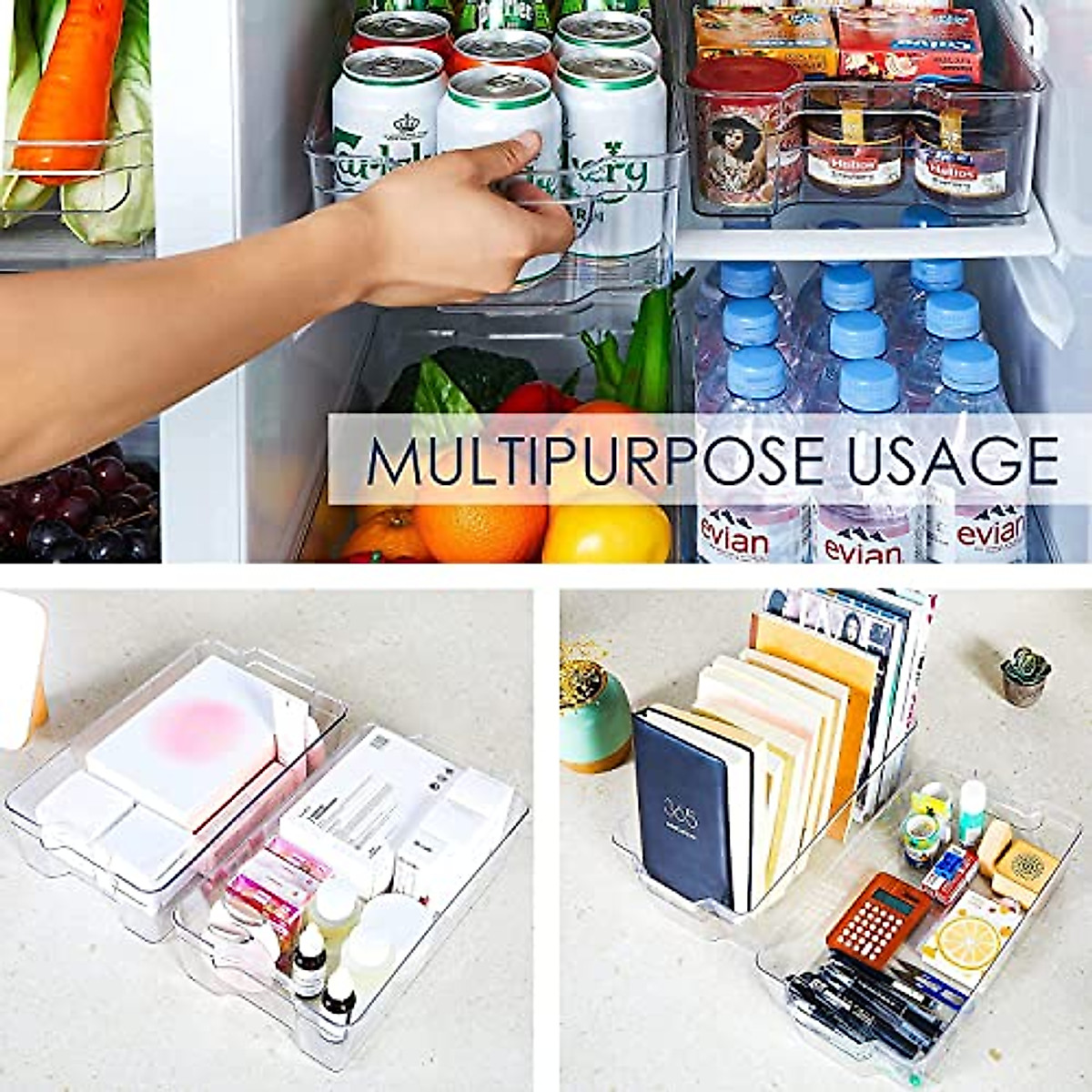 Jinamart Plastic Pull out Storage Bins 4 Pack, Multi-Use Organizer Bins with Built-in Handles, BPA-Free for Pantry, Home and Fridge Organization (14.5"L x 8.5"W x 4"H )