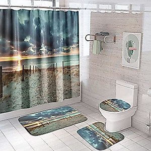 Tropical Ocean Summer Coastal Nautical Beach Theme bathroom Decor 4 Pcs Blue Shower Curtain Sea Sets, Sharks and Dolphins Durable Shower Curtain Toilet Lid Cover and Bath Mat with 12 Hooks, 72" x 72"