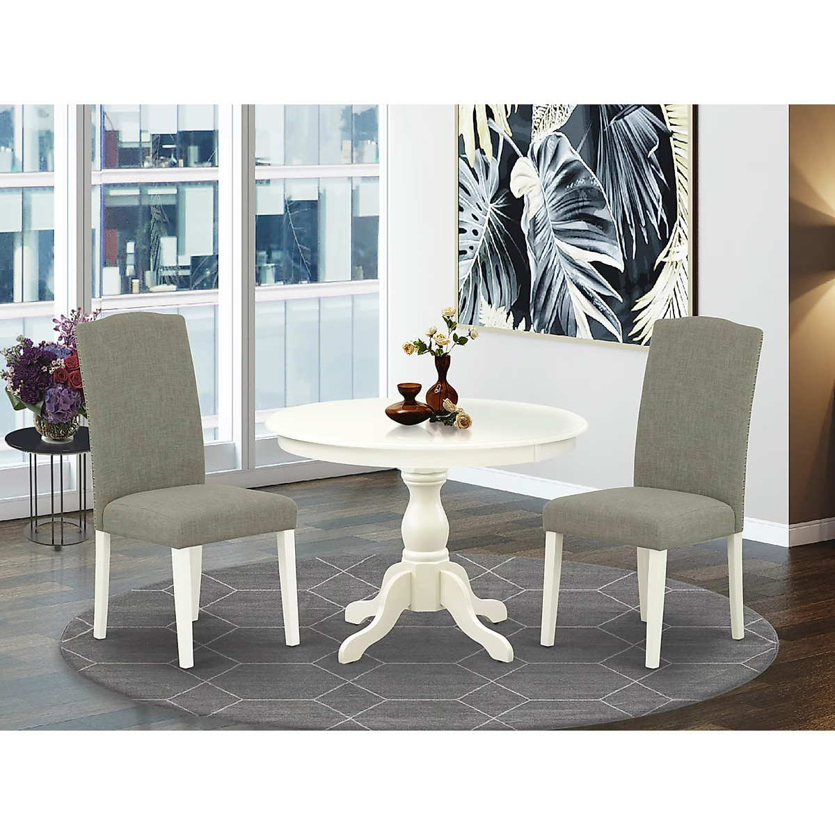 East West Furniture HBEN3-LWH-06 3 Piece Dining Table Set Contains a Round Dining Room Table with Pedestal and 2 Dark Shitake Linen Fabric Parsons Chairs, 42x42 Inch, Linen White