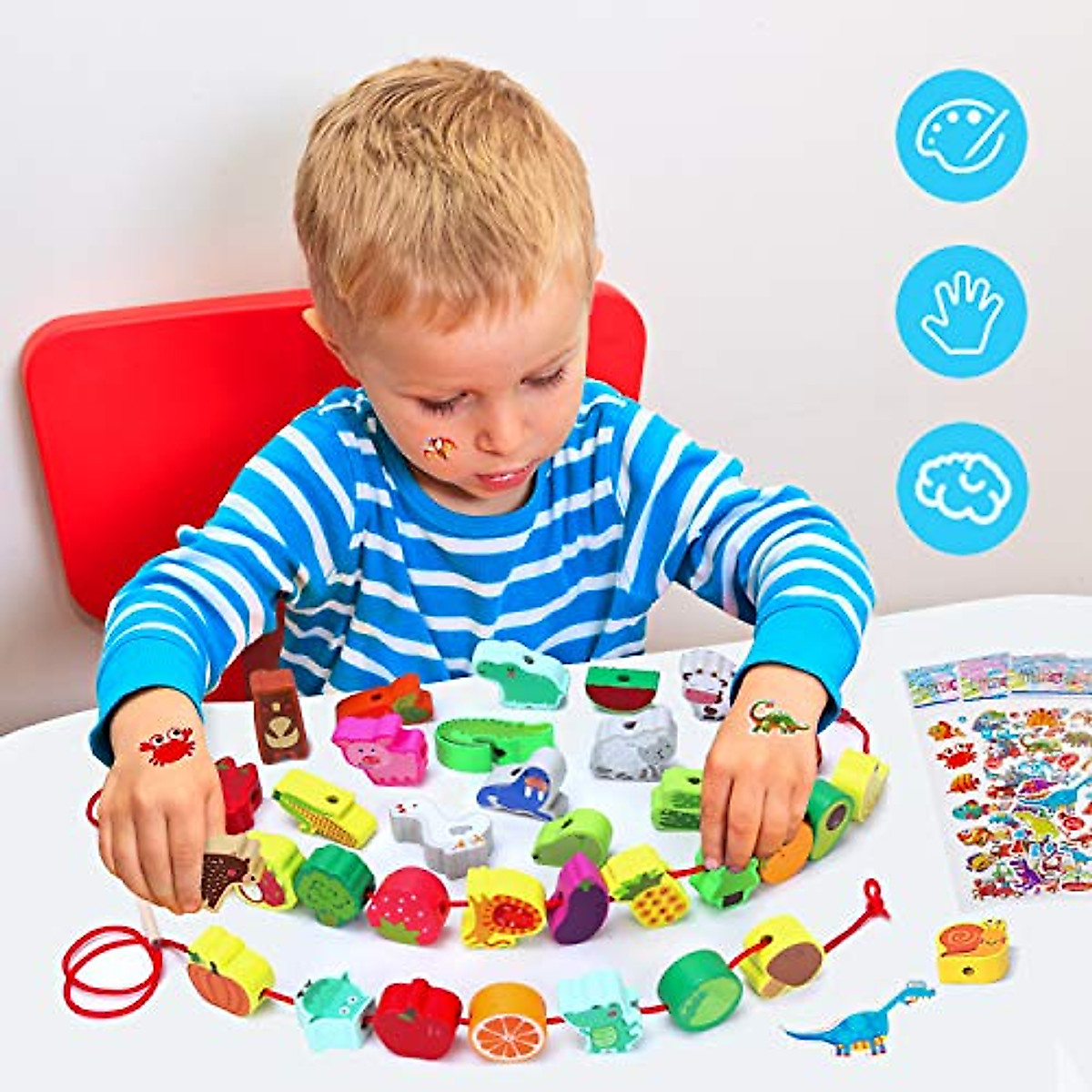 Montessori Educational Wooden Lacing Beads Toys for Toddler 3 4 5 Year Old, Farm Animals Fruits Vegetables Threading Toys Preschool Stringing Fine Motor Skills Toy for Boys Girls [with 3D Stickers]