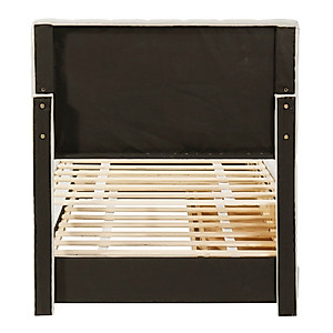 GJHOME Upholstered Platform Bed, Twin Size Wooden Bed Frame with Pull-Out Twin Size Trundle and 3 Drawers, Wood Slat Support, No Box Spring Needed, Linen Fabric, Beige