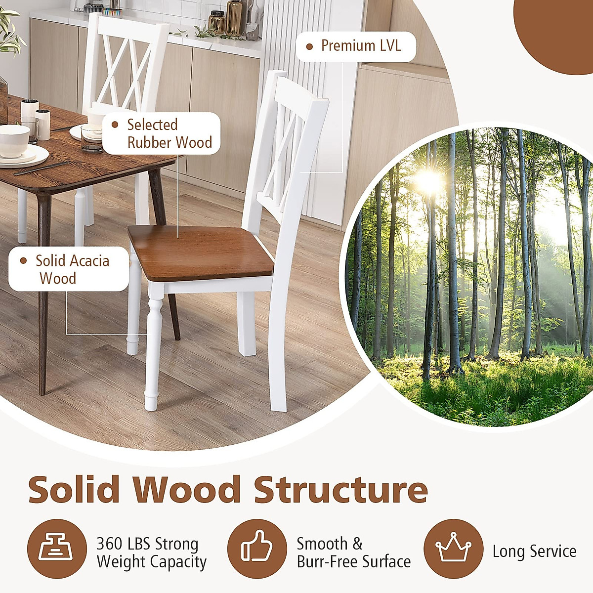 Giantex Dining Room Chairs Set of 4 White - Wooden Farmhouse Kitchen Chairs with Rubber Wood Seat, Acacia Wood Legs, Max Load 360 Lbs, Heavy Duty Wood Armless Dining Chairs with High Back
