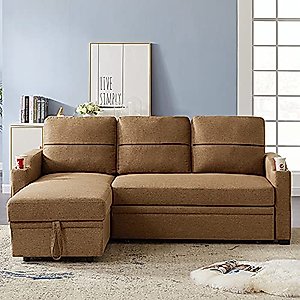 GUONTHO 82" Sectional Sofas with Pull Out Sofa Bed Couch for Living Room Apartment Reversible L Shape Chaise with Soft Cushion and Storage for Small Space Solid Wood & Brown Linen