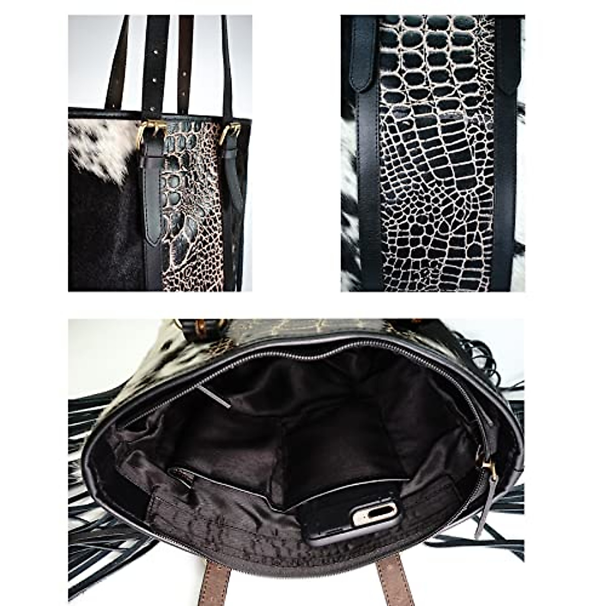 Bonanza leathers cowhide leather large tote bag women's handbag with fringes and zipper closure H20 (Black)