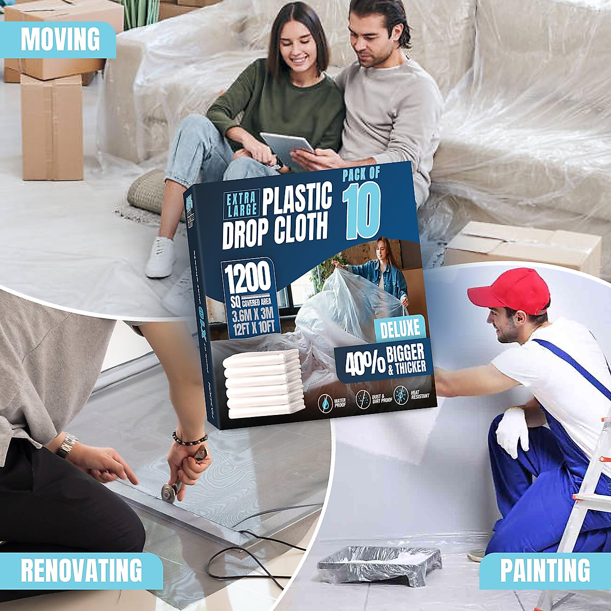 Haxdon 12 x 10 FT 10 Pack Extra Large Painter’s Plastic Drop Cloth Painting Sheet - Durable Dust Cover - Clear Plastic Sheet - Plastic Sheeting - Plastic Cover - Paint Drop Cloth