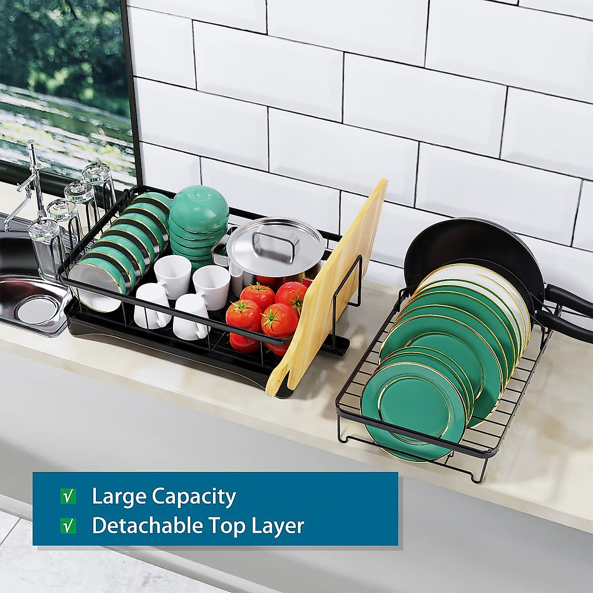 Johamoo Dish Drying Rack with Drainboard, 2 Tier Dish Rack for Kitchen Counter, Large Capacity Dish Drainer Set with Utensils Holder, Black