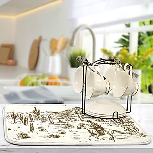 xigua Dish Drying Mat Western Desert Cowboy Absorbent Dry Mats for Dishes Draining Pad for Kitchen Countertop 16" x 18"