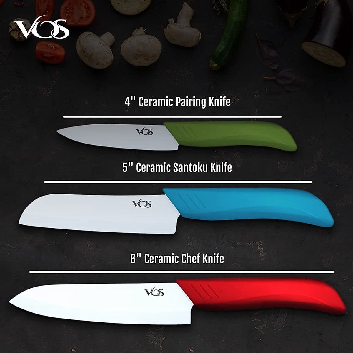 Vos Ceramic Knife Set, Ceramic Knives Set For Kitchen, Ceramic Kitchen Knives With Covers, Ceramic Paring Knife 4", 5", 6" Inch Multi Color
