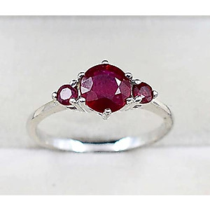 925 Sterling Silver Natural Red Ruby Gemstone 7 MM Round Cut July Birthstone Three Stone Cluster Unisex Ring For Birthday Gift (Rhodium Plated Silver, 6)
