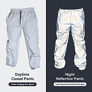 Akkad Kuti Mens Reflective Pants Silver Party Dance Fluorescent Trousers Casual Night Cycling Joggers (Silver Pants,L)