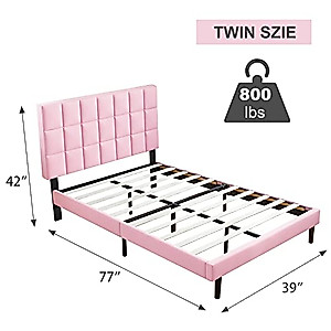 Molblly Twin Bed Frame Upholstered Platform with Headboard and Strong Wooden Slats,Non-Slip and Noise-Free,No Box Spring Needed, Easy Assembly,Pink
