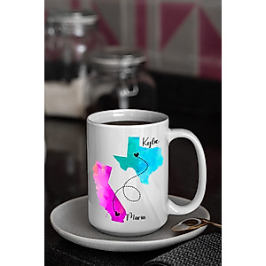 Personalized Long Distance Coffee Mug, Best Friends Quote Custom Mugs, States with Hearts over Cities, Add Names and Quote, State to State Mug, Long Distance Family, Friendship, Relationship Gifts