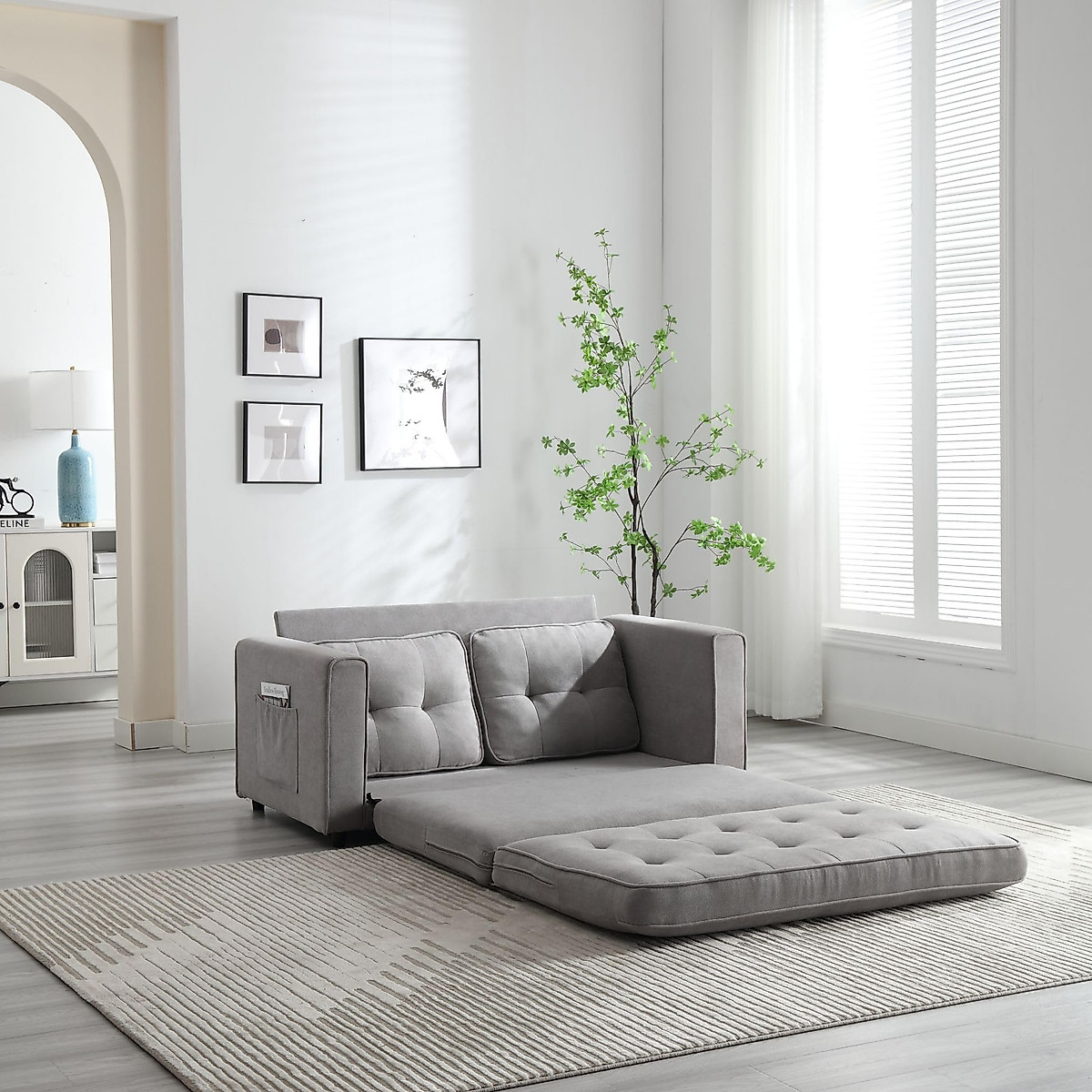 MYINDA Futon Sofa Bed, 55'' W Convertible Loveseat Sleeper with Pull Out Sofa, Space Saving Foldable Sofa Bed Couch with Side Pockets Living Room, Bedroom, Office (LightGray)