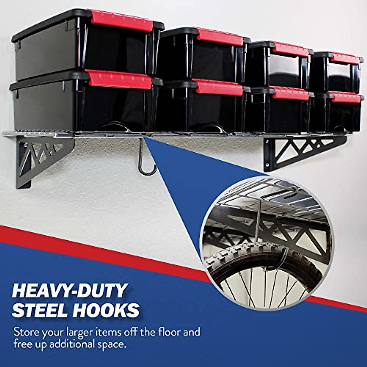 SafeRacks Wall Shelves - 2 Pk 18"x48" Wall Mountable Shelving Unit for Storage Rack, Pantry Shelves, Utility Shelving, Heavy Duty Shelves w/ 4 Versatile Accessory Hooks, 500lbs Capacity, Hammertone