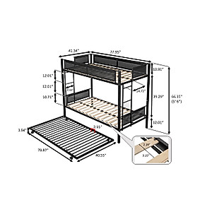 Harper & Bright Designs Metal Bunk Bed Twin Over Twin with Trundle, Heavy Duty Bunk Beds with Texteline Guardrails and Wood Slats, Twin Bunk Bed for Kids Boys Girls Dormitory Bedroom, Black