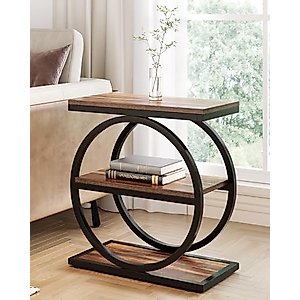 LITTLE TREE End Table, 3-Tier Side Table, Slim Sofa Side Table for Living Room, Tall Bedside Table Nightstand for Bedroom, Rustic Brown and Black