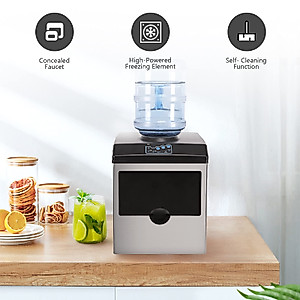 2 in 1 Ice Maker Countertop, 48LBS/24H Automatic Ice Stainless Steel Machine with Water Dispenser, ready in 8 Minutes, with Ice Scoop and 2.6 lb Ice Storage