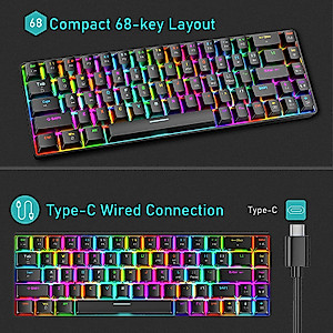 SELORSS T8 Pro 60% Wired Mechanical Gaming Keyboard,18 Chroma RGB Backlight,Compact 68 Full Anti-ghosting Keys,Replaceable USB C Cable&DIY keycaps,Tactile Switch for Gamer/Typist/PC/Win/Mac(Blue)