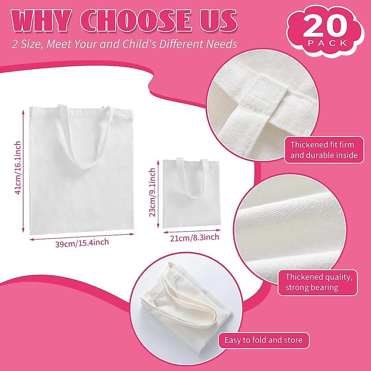 Sublimation Blank Tote bags, 20Pack Canvas Tote Bags 16.1 x 15.4 Inch, 9.1 x 8.3 Inch Small Canvas Tote Bags Reusable Grocery Bags Shopping Cloth Bags for Heat Transfer, DIY, Christmas Craft, White