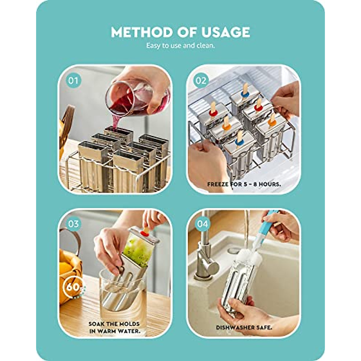 Baffect Metal Popsicle Moulds, Set of 6 Round Head Stainless Steel Ice Lolly Molds with Holder, Fast Freezing Ice Cream Makers with Lollipop Sticks and Bags